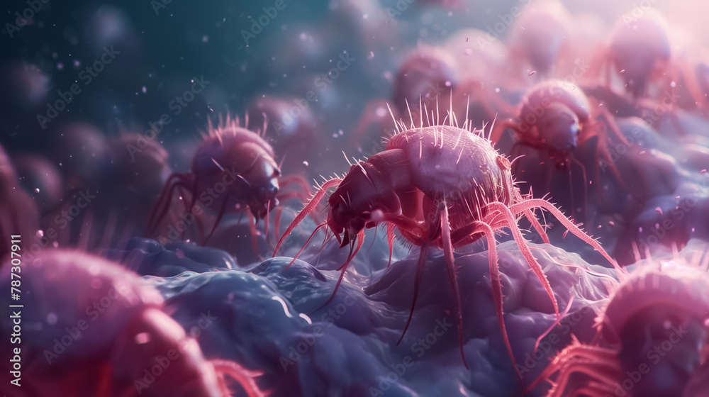 Dust mites visualized at a microscopic level their environment rendered ...