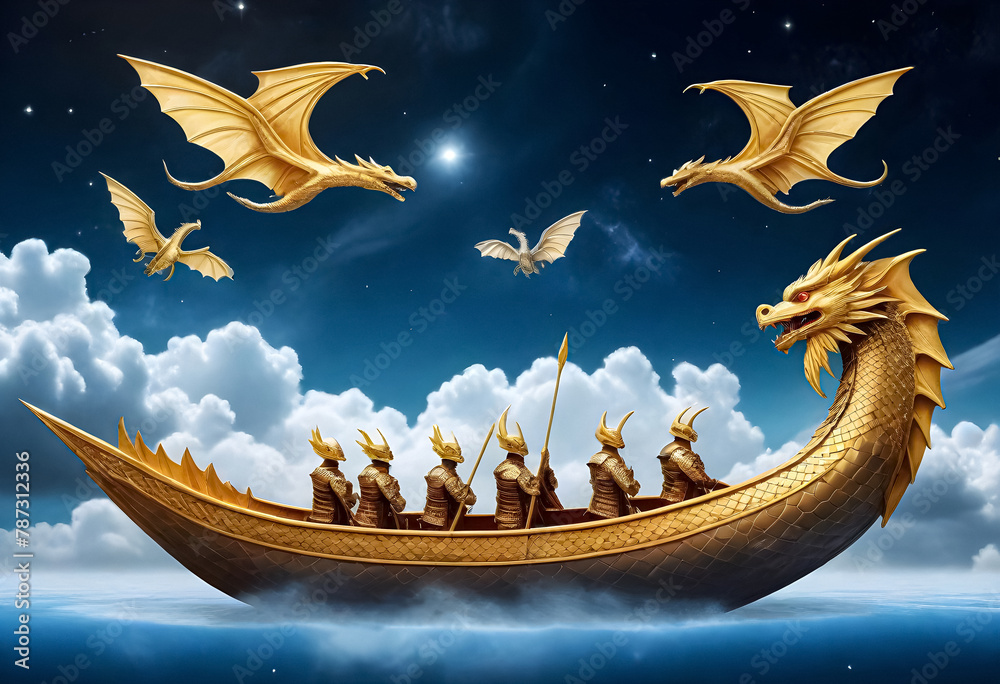 golden dragon boat with flying dragons in the sky Stock Photo | Adobe Stock
