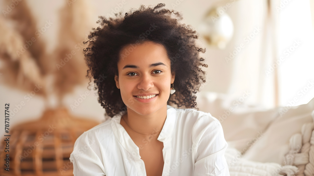Young biracial woman poses casually in a bright home setting with copy ...