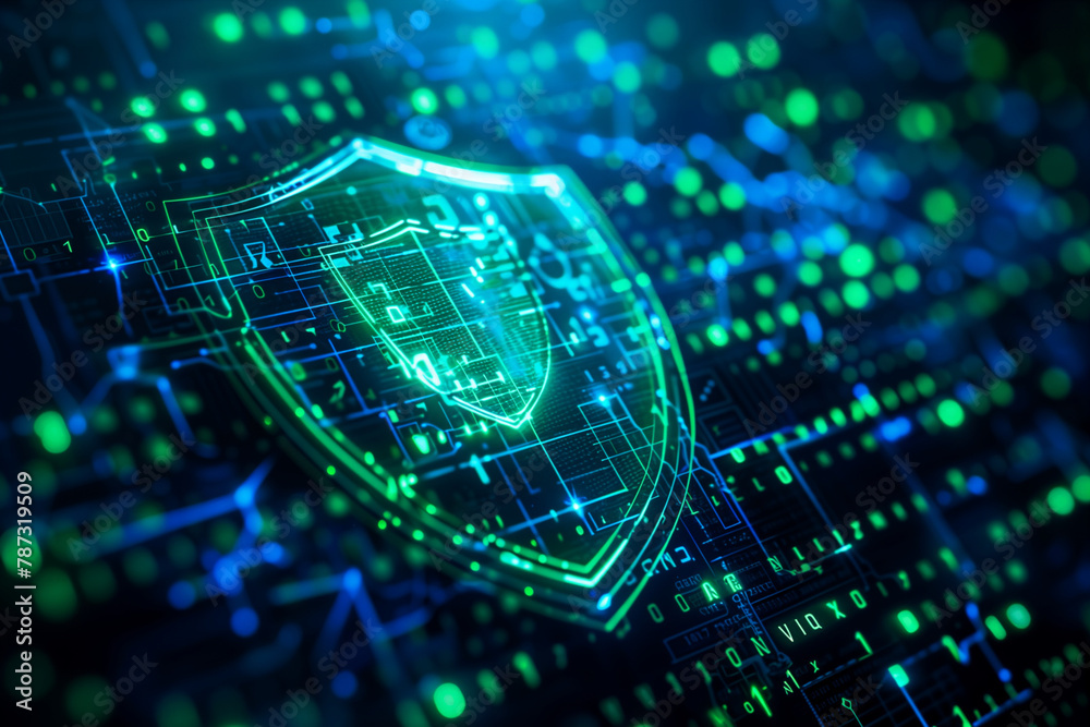 shield emblem overlaid with binary code and encryption algorithms ...