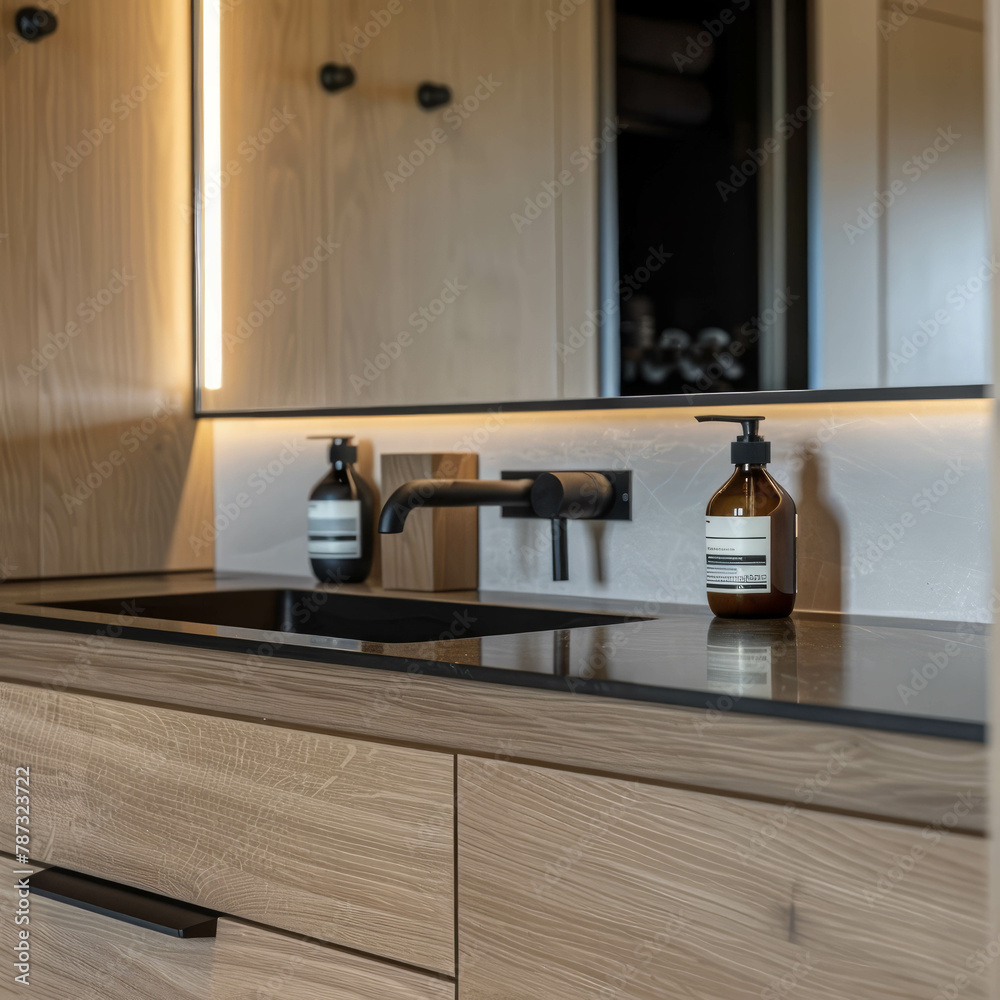 Closeup architectural styling photo featuring a bathroom oak vanity ...