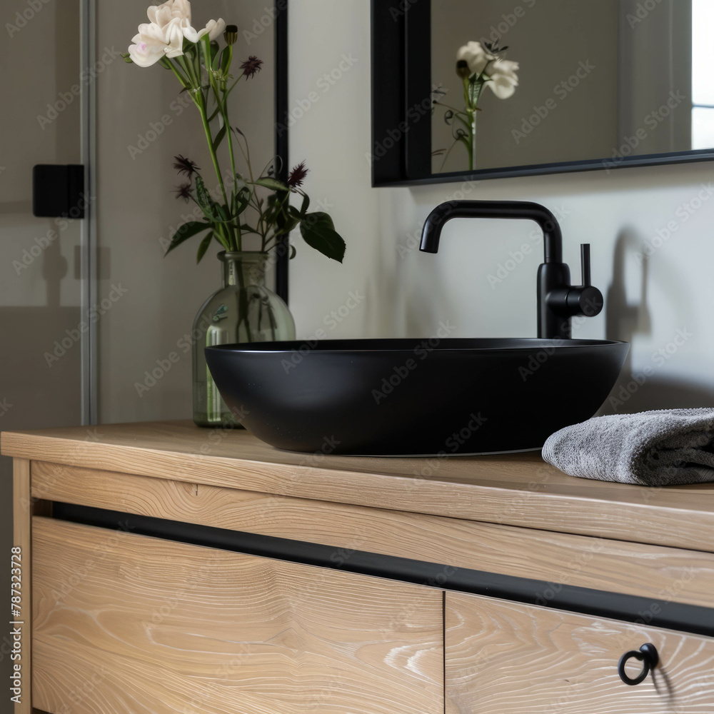 Detailed photo showcasing the closeup view of a bathroom oak vanity ...