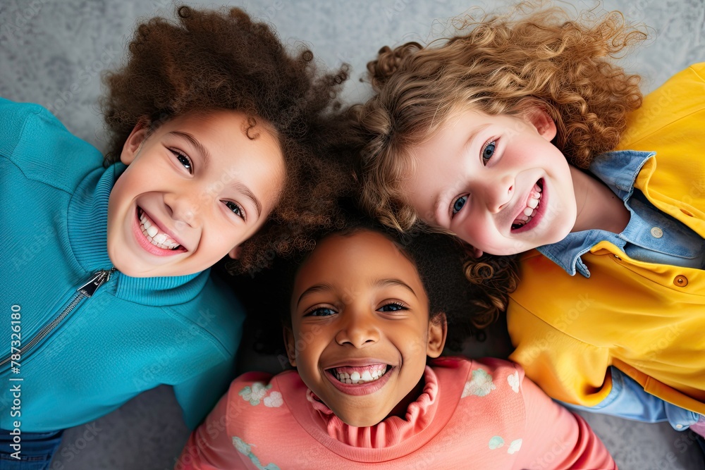 Happy smiling children in a circle looking down at the camera, bright ...