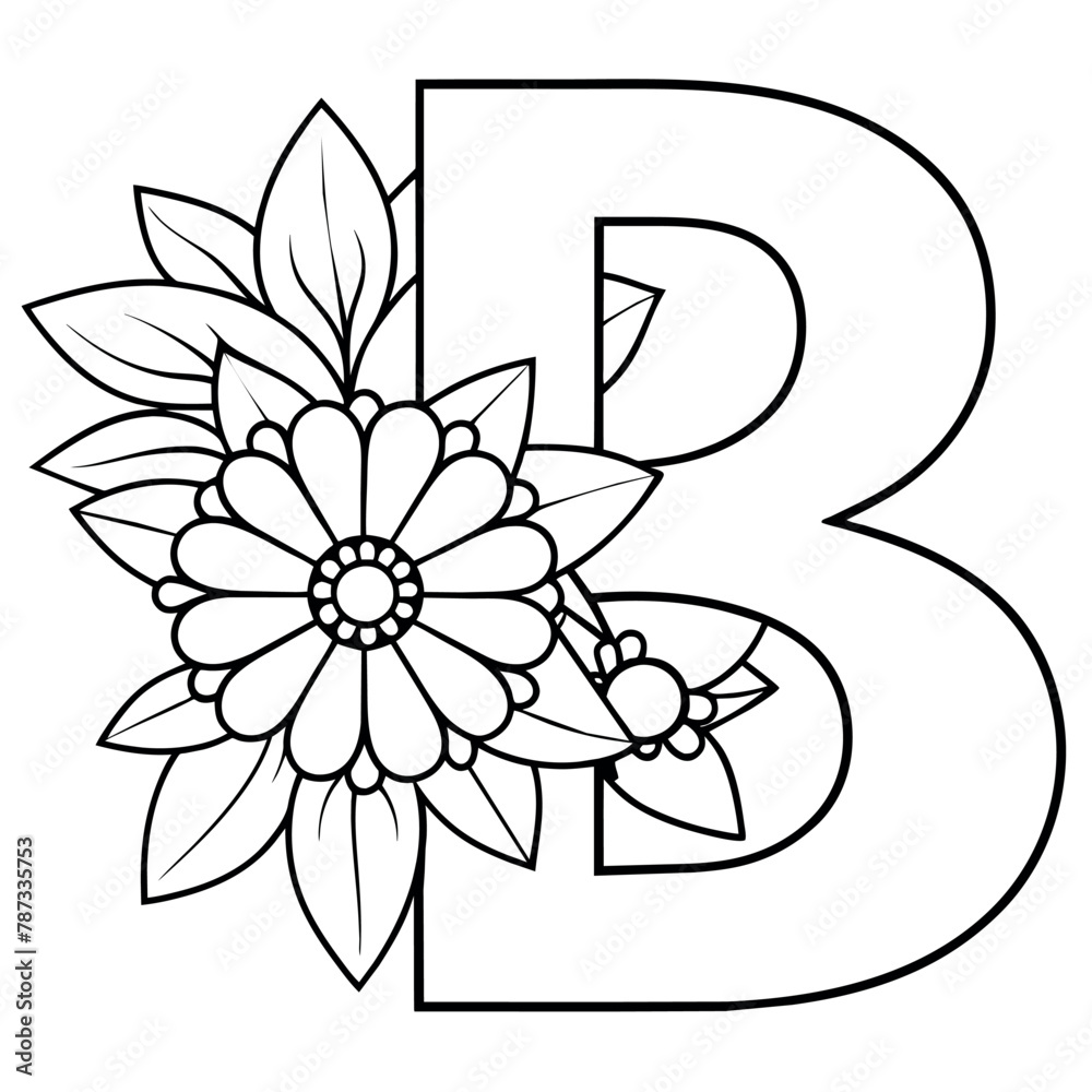 Alphabet B coloring page with the flower, B letter digital outline ...