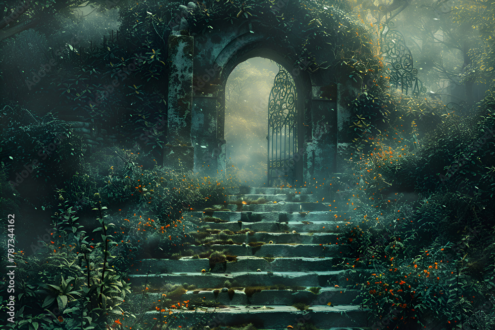 A dark forest with a stone archway leading to a mysterious place. The ...