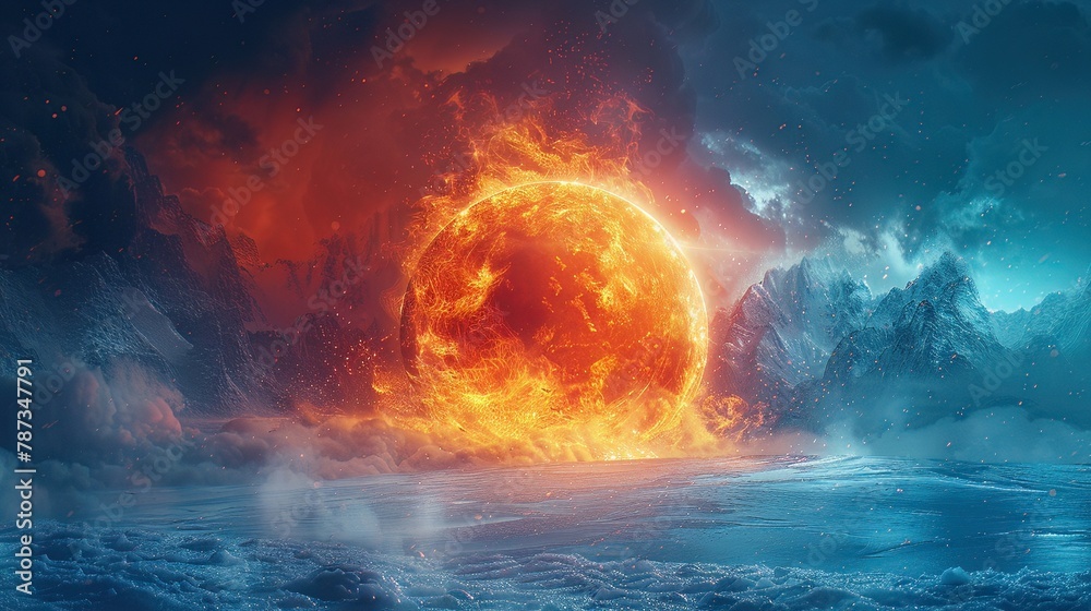 Earth Day in an ice world, where fire and ice coexist, symbolizing ...