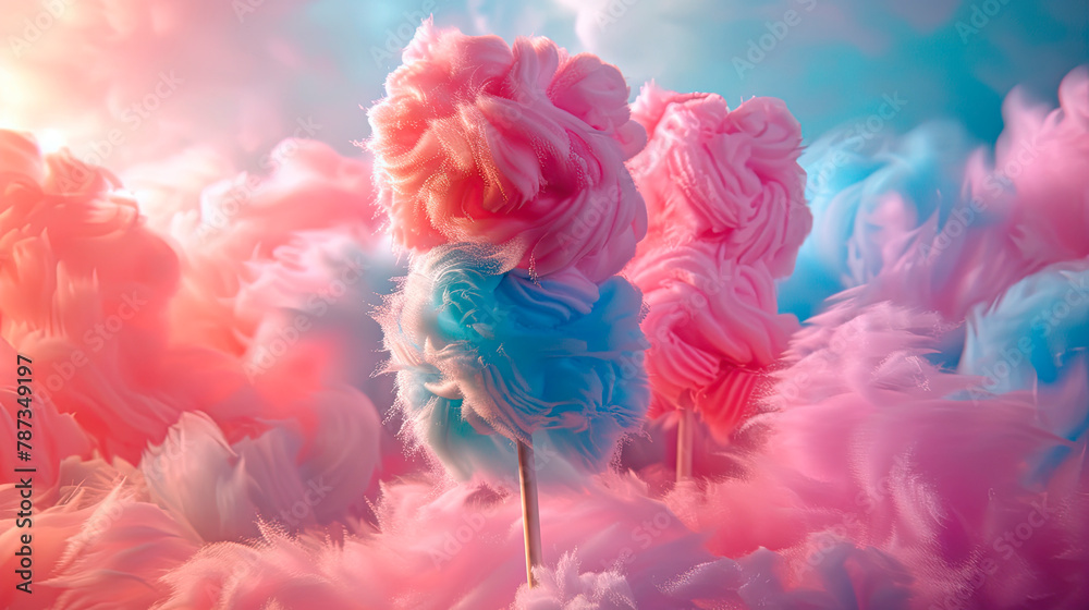 the whimsical charm of rainbow-colored cotton candy, a fluffy ...