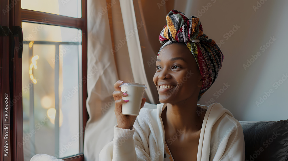 Happy pretty young black woman in homewear and african turban chilling ...