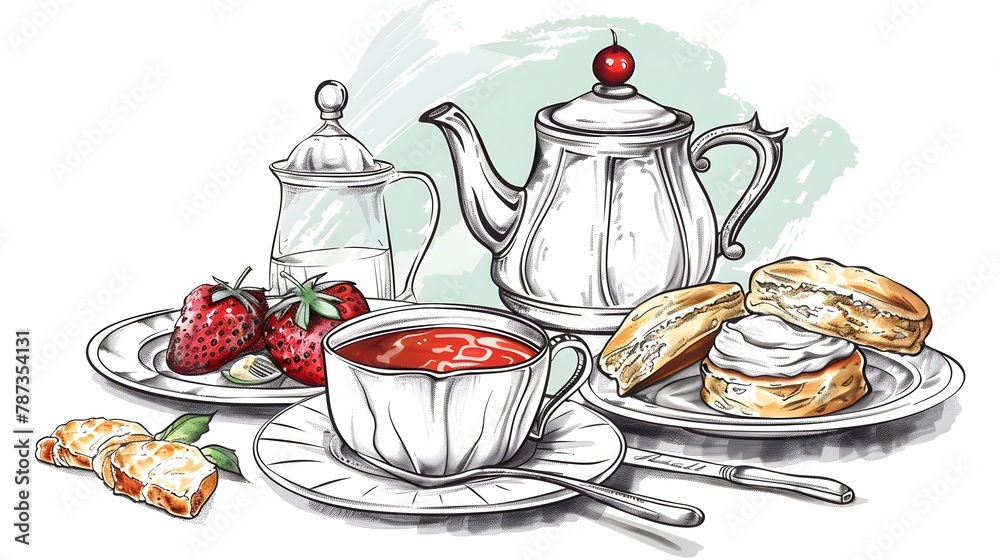 Set of traditional British cream tea with teapot, a cup of tea on a ...
