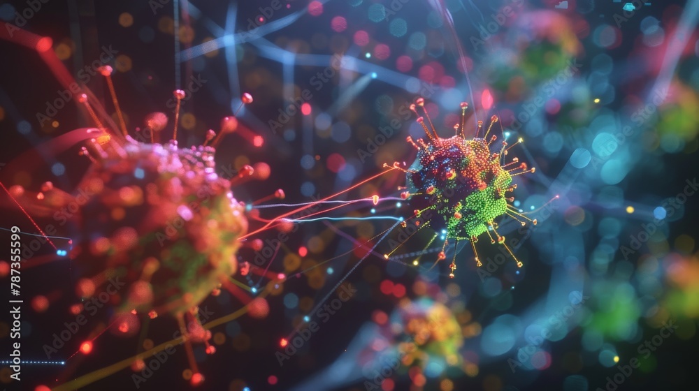 A scientific illustration of a virus life cycle, depicted in a low-poly ...