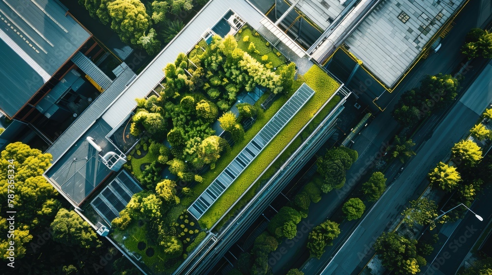 Eco-friendly building in modern factory and industrial zone, drone ...