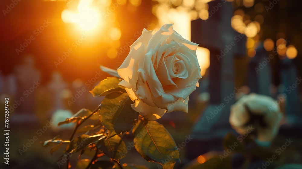 In Memoriam: White Rose Amidst Cross and Tombstone Stock Photo | Adobe ...