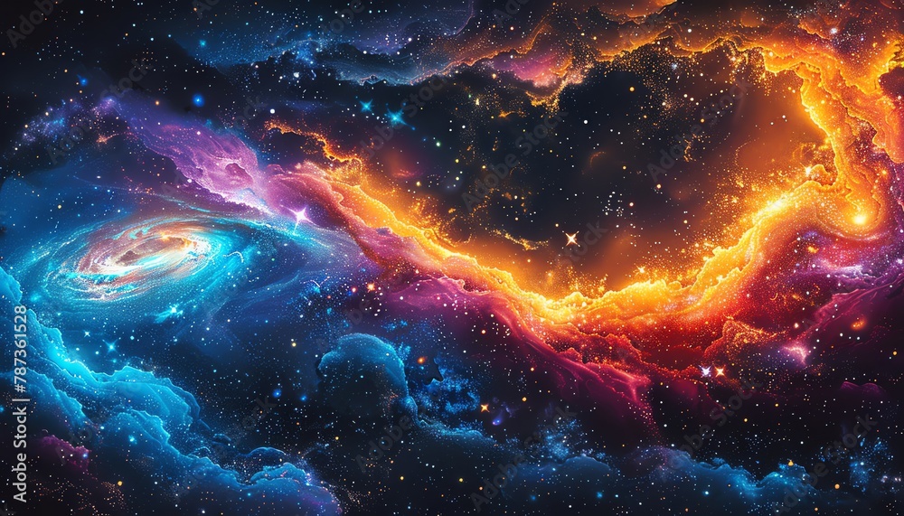 Illustrate a celestial landscape from a birds-eye view using digital ...