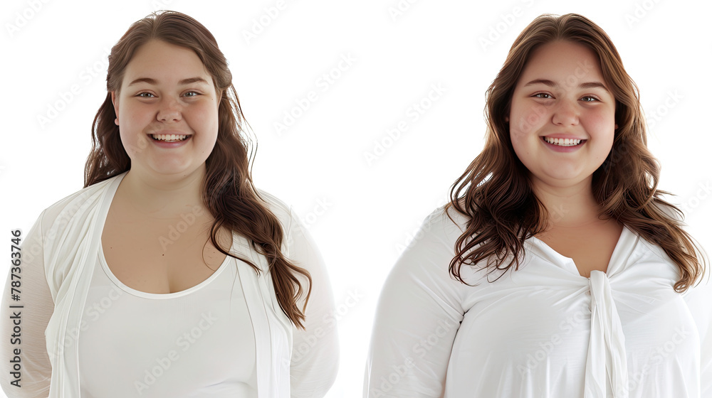 Before and after, same smiling girl, full figured and thin, wearing ...