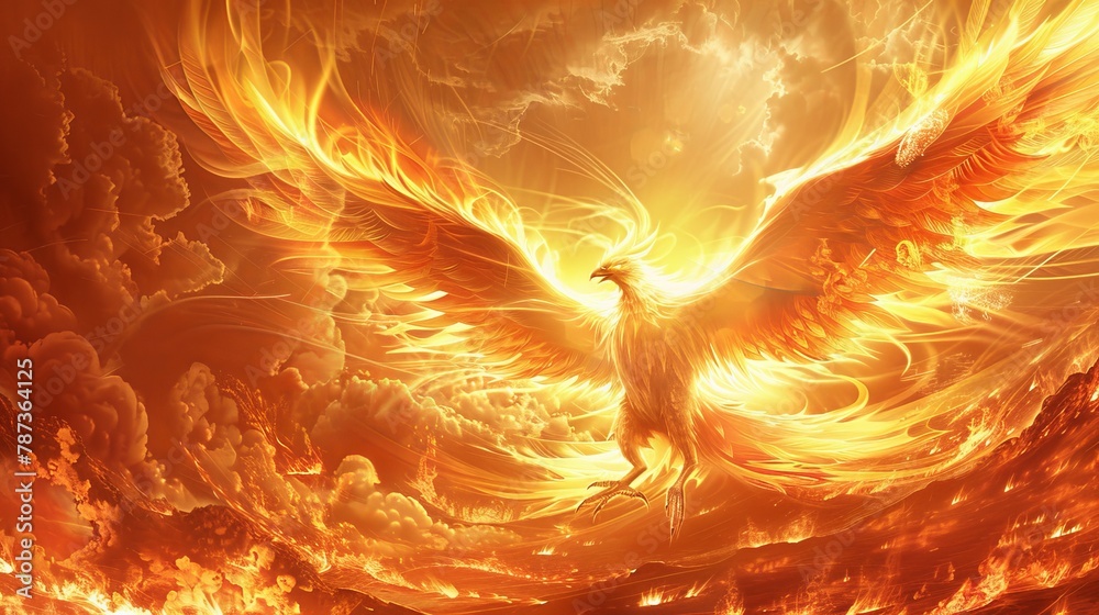 Legendary phoenix firebird ignites fiery background with sparks and ...