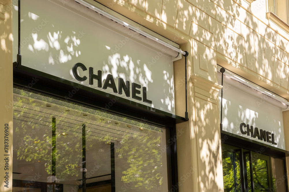Prague, CZ -16.4.2024: The Chanel sign logo above the entrance to a ...