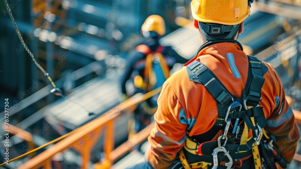 Workers using safety harnesses while working at heights. Stock Photo ...
