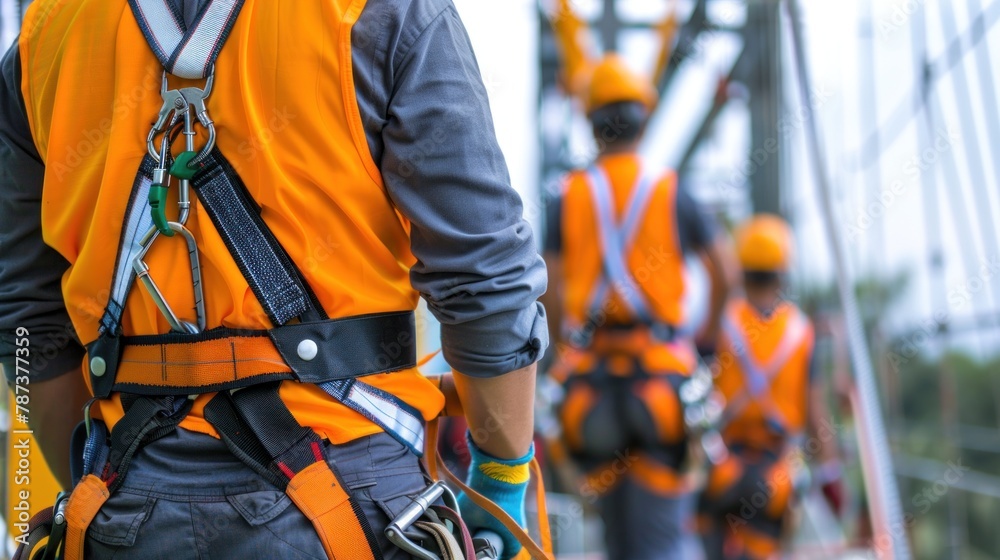 Workers using safety harnesses while working at heights. Stock Photo ...