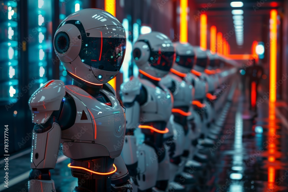 Autonomous robots patrolling the perimeter of futuristic data center, Humanoid robots stand in ...