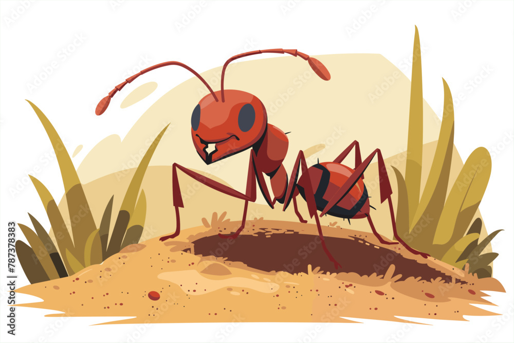 Cartoon ants colony and ant hill. red color ant in the ant hill ...