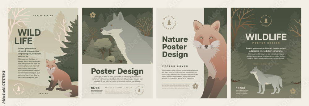 Forest animal poster design set. Animals in nature background vector ...