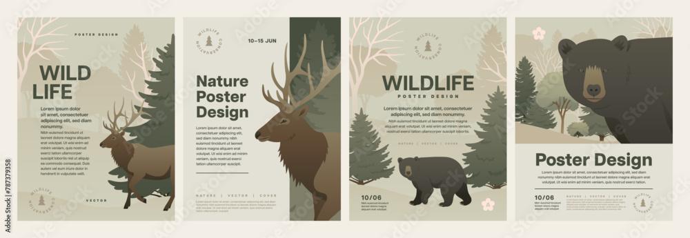 Forest animal poster design set. Animals in nature background vector ...