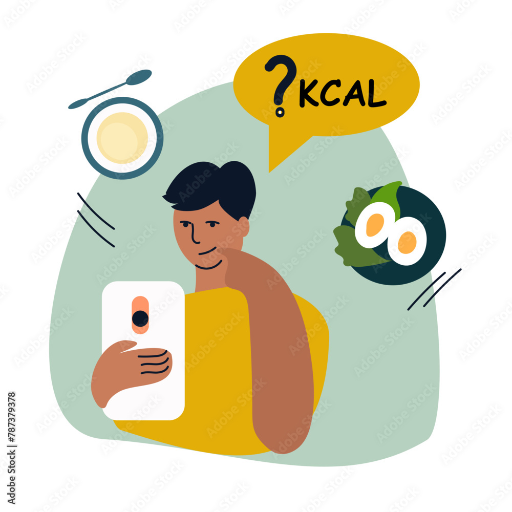 Young man calculates the required number of calories using Human ...