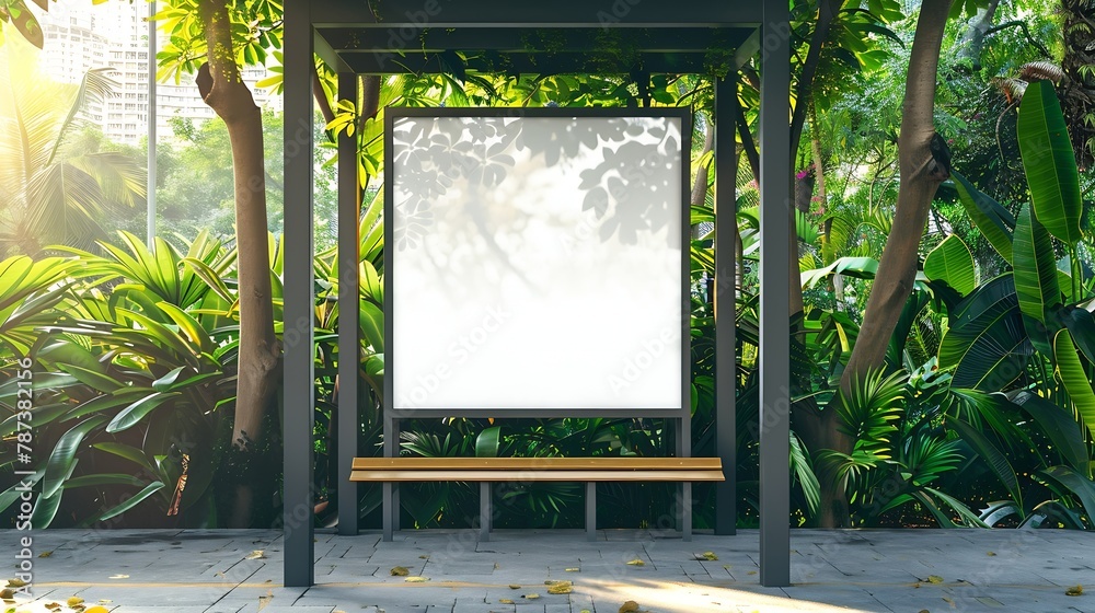 bus shelter with empty white ad panel and lightbox billboard for mockup ...