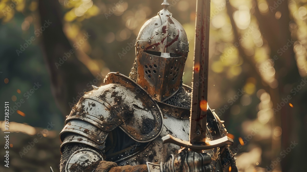 medieval knight in shiny metal armor with sword and helmet Stock ...