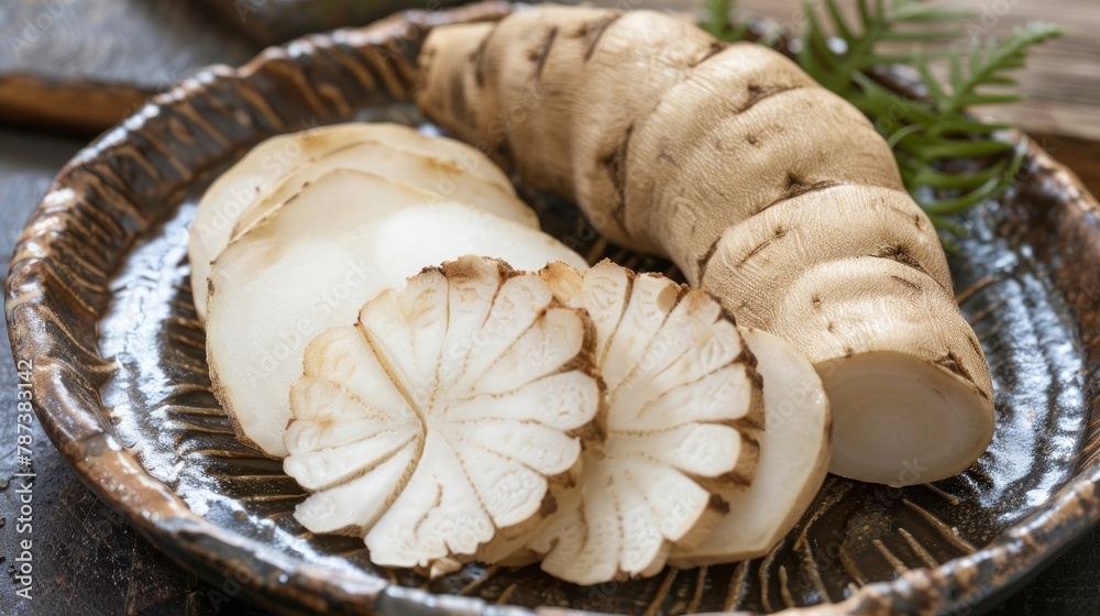 Nagaimo (Japanese mountain yam) displayed whole and sliced on a ceramic plate, its unique slimy ...