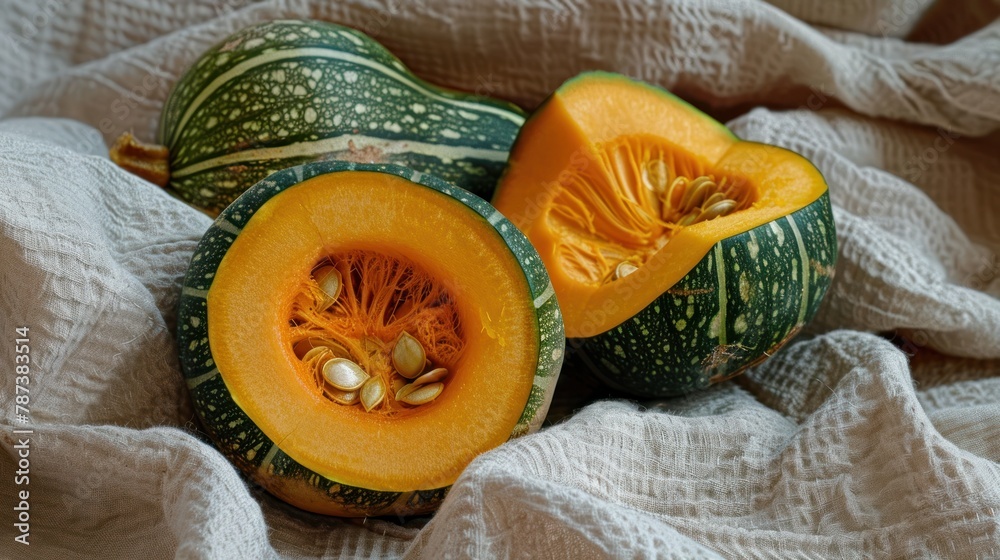 Kabocha squash, cut open to reveal its bright orange interior, positioned on a textured linen ...