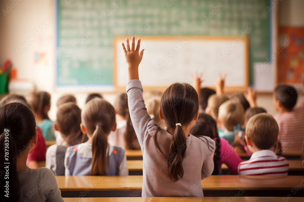 Schoolgirl raising her hand in the classroom. The girl is seen from the ...