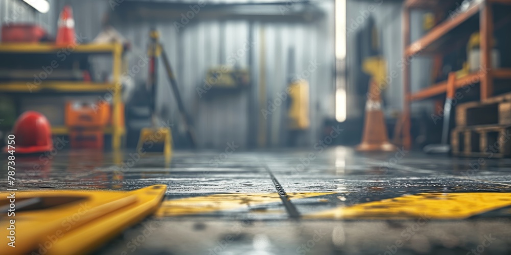 An enigmatic shot focusing on oily, worn garage floor with blurred ...