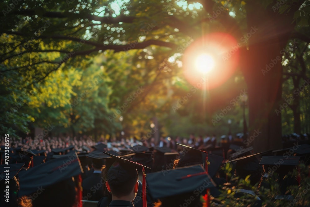 graduation caps in the foreground, blurred crowd with students wearing ...