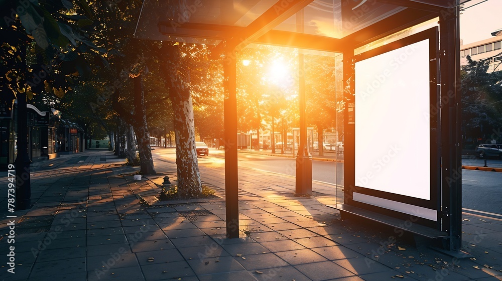 bus shelter with blank ad panel billboard display empty white lightbox ...