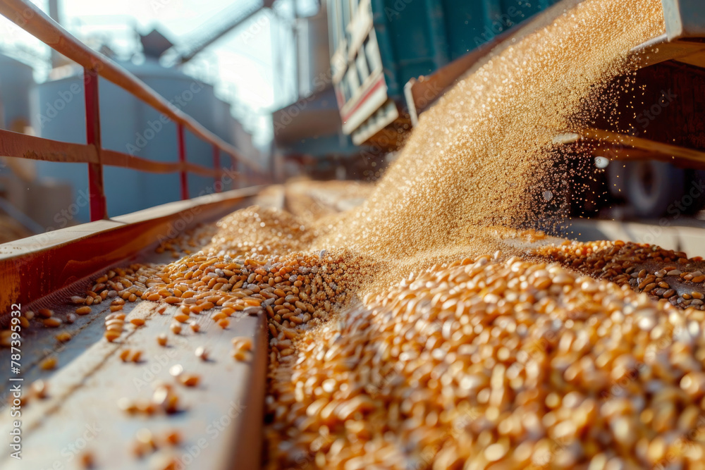 The process of unloading grain from trucks to silos, using baskets or ...