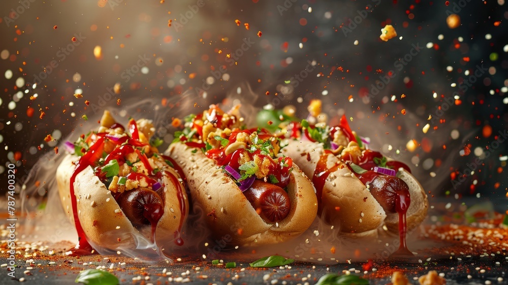 An explosion of flavors and colors, these gourmet hot dogs with vibrant ...