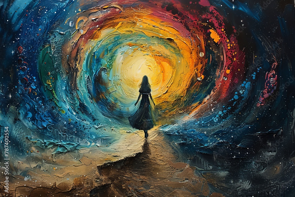 Alice tumbling down the rabbit hole, surrounded by swirling colors and ...