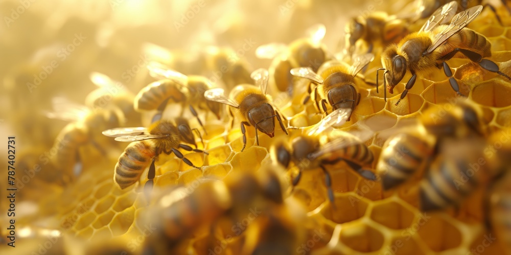 Macro shot of industrious bees working together on a golden honeycomb ...