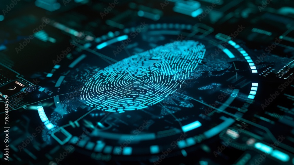 A digital fingerprint scanner overlaid on a world map, representing ...