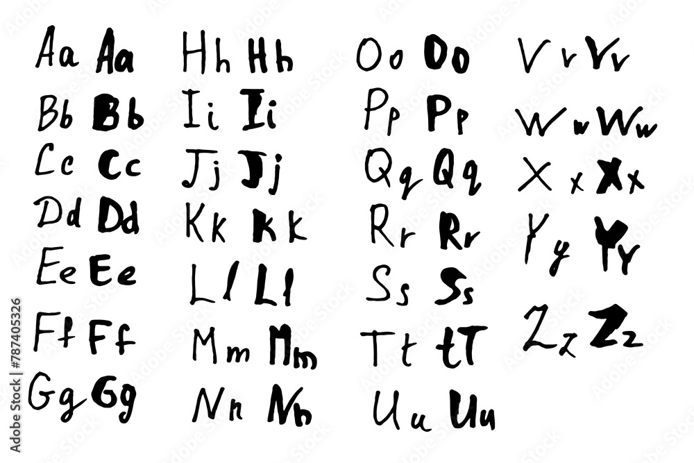 Alphabet is handwritten in black pen scribbles on white background ...