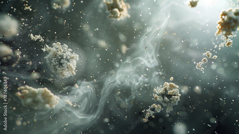 A microscopic view of dust particles, magnified to reveal a variety of ...