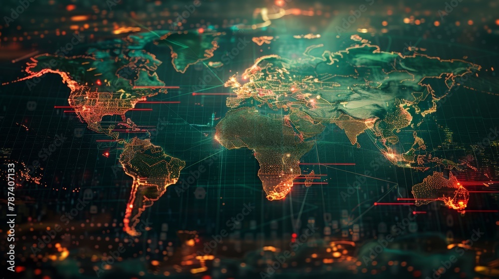 A world map with highlighted locations under cyber attack warnings ...