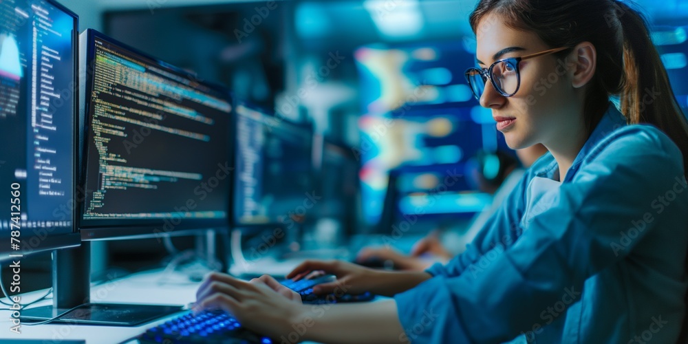 Smart Female It Programer Working On Desktop Computer In Data Center System Control Room Team