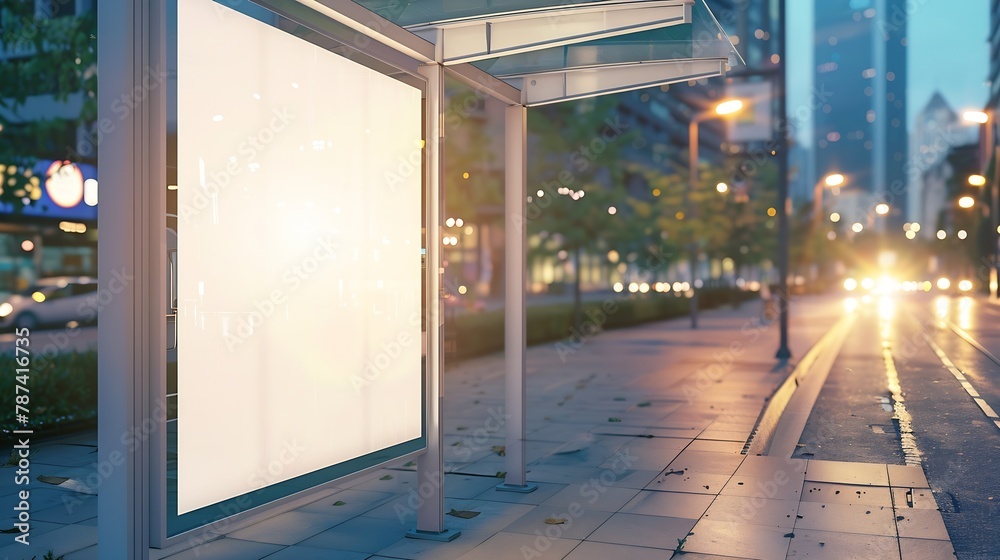 bus shelter at busstop blank white lightbox empty billboard and ad ...