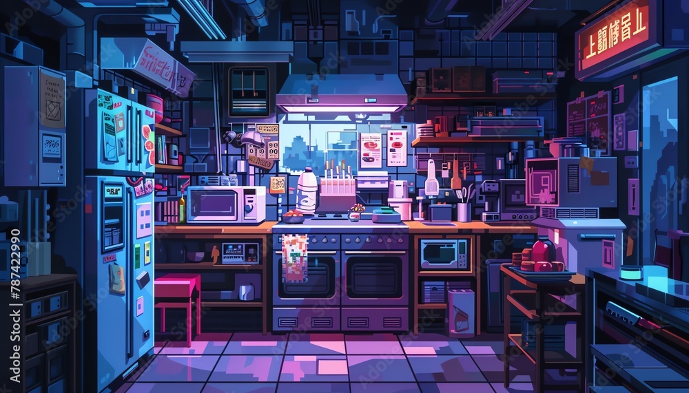 Capture a futuristic, rear-facing kitchen with a pixel art style Employ ...