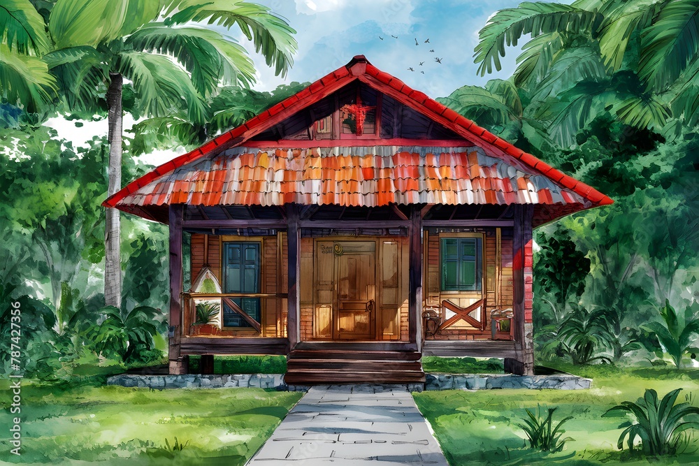 Watercolored traditional bahay kubo, vibrant and serene Stock ...