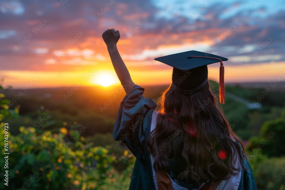 Close up photo of a woman wearing a graduation cap and gown, raising ...