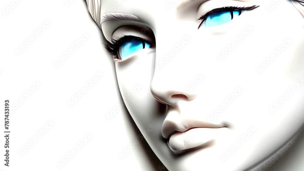 A high-contrast image of a female face with striking blue eyes ...