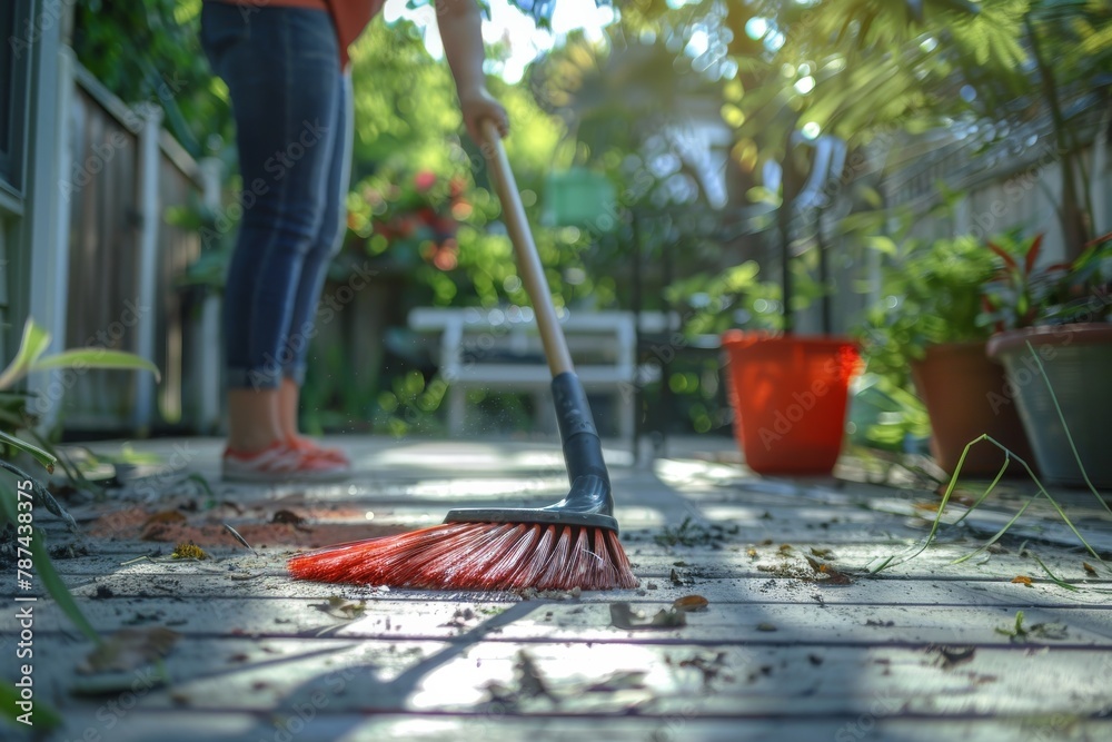 Sweeping fallen leaves and debris, this image shows someone taking care ...